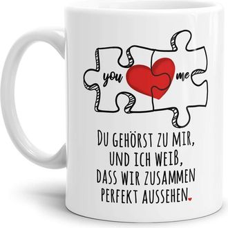 Tassendruck Tasse mit Puzzleteil-Motiv und Spruch - Du geh&ouml;rst zu Mir - Kaffeetasse/Liebe/Geschenk-Idee/Partner - Wei&szlig;