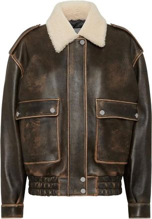 Philipp Plein Femme, Vestes, Brun, Taille: 40 FR Blouson Aviateur en Cuir avec Col en Shearling Signature