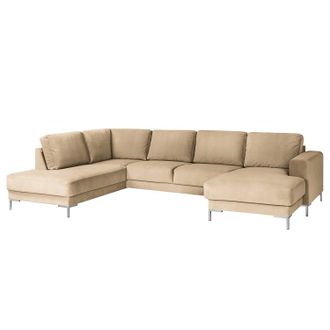 Fredriks home24 Wohnlandschaft Webstoff Beige Samt Vaia 301 x 82 x 200cm Longchair davorstehend rechts / Ottomane links Modern