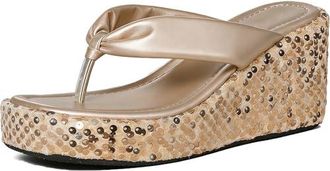 Generic Tongs &agrave; paillettes pour femme - Tendance - Bout ouvert - Talon compens&eacute; - Pour la plage, les vacances d&eacute;t&eacute;, dor&eacute;, 39.5 EU