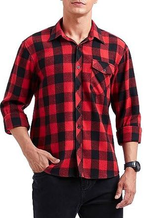 Hisdern Chemise en Flanelle à Carreaux pour Hommes à Manches Longues Coupe régulière Coton Chaud Chemise boutonnée à Carreaux Tartan décontractée Rouge M