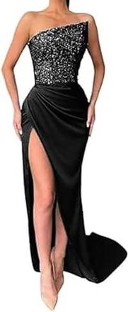Generic Robe de soir&eacute;e scintillante &agrave; manches longues pour femme - Coupe ajust&eacute;e - Longueur genou - Robe de soir&eacute;e tendance pour invit&eacute;e de mariage, Noir, XL