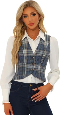 Allegra K Damen &Auml;rmellos V-Ausschnitt Vintage Kariert Weste Einreihig Anzugweste Grau Blau XL