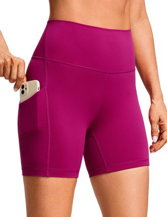 CRZ YOGA Damen Butterluxe Sport Radlerhose High Waist Yoga Gym Kurze Leggings Blickdichte Biker Shorts mit Tasche - 13cm Magenta Violett 34