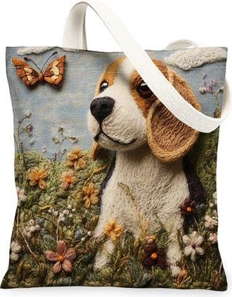 Generic Sac fourre-tout en toile motif chien beagle printanier 33 x 38,1 cm, sac d&eacute;picerie r&eacute;utilisable &agrave; motif floral fantaisie pour femme, peinture danimaux