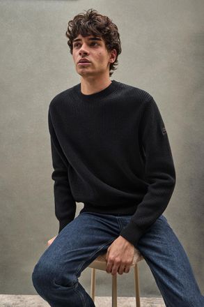 Polo Club Strickpullover Fishermans Rib schwarz mit Polo Club-Patch