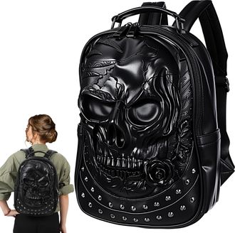 Valiclud Gothic Totenkopf Tasche Rucksack 3d F&uuml;R Herren, Gothic-Rucksack, Pu-Leder Horror- Niete Realistisches Skelett Gepr&auml;Gter F&uuml;R Herren Wasserdichter