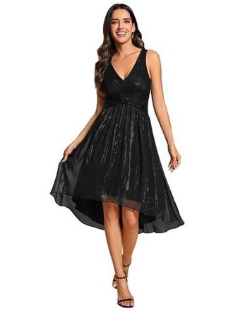 Ever-pretty Robe Invit&eacute;e Mariage Femme Pliss&eacute; sans Manches Col V Taille Empire Brillant Robe de C&eacute;r&eacute;monie Noir 44