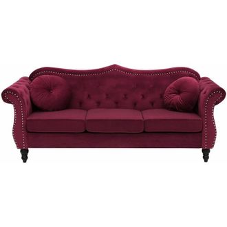 Beliani Beliani - Sofa Burgunderrot Samtstoff 3-Sitzer Chesterfield Stil Retro Zierkissen Wohnzimmer