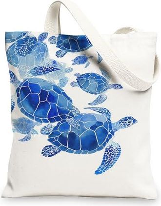 Generic Sacs fourre-tout en toile de tortue artistique, respectueux de lenvironnement, sacs de courses réutilisables, légers et lavables, bleu, 13x15 Inch