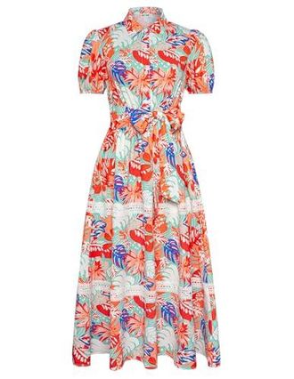 Grace Karin Robe longue d&eacute;t&eacute; florale d&eacute;contract&eacute;e pour femme, col polo, fluide, robe de plage et de mariage, Feuilles rouges., M