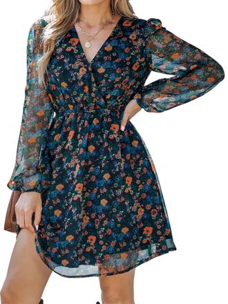 Cupshe Damen Kleid V Ausschnitt Wickeloptik Langarm Blumenmuster A Linien Freizeitkleider Wrap Mini Dress Marineblumendruck XS