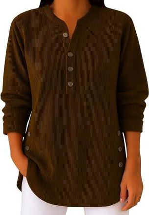 Generic Tunique d&eacute;contract&eacute;e en velours c&ocirc;tel&eacute; &agrave; manches longues et col en V pour femme, marron, L