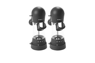 Kochblume Gewürzmühle mit Silikon-Auffangkappe 2er Set | ergonomische Hebelfunktion | Keramikmahlwerk | 5 verschiedene Mahlgrade | Füllkappe und Silikonfuß | Fa