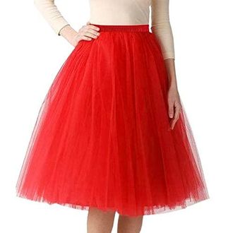 Generic Jupe en tulle pour femme - Taille &eacute;lastique - Jupe d&eacute;t&eacute; &eacute;l&eacute;gante - Couleur unie - Opaque - Jupe en tulle bouffante - Jupe midi rockabilly - Longueur g