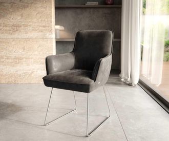 DELIFE Esszimmerstuhl Heira-Flex mit Armlehnen Mikrofaser Anthrazit Vintage Kufengestell Edelstahl Taschenfederkern, Esszimmerstühle