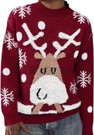 Generic Chandails de No&euml;l pour femmes 2025 - Pull en tricot avec broderie cerf - Doux et confortable - Col rond - Coupe ample - D&eacute;contract&eacute; - Pour les f&ecirc;tes d