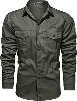 Generic Chemise safari en coton à manches longues pour homme, chemise tactique militaire boutonnée à coupe régulière avec deux poches de poitrine, chemise lég
