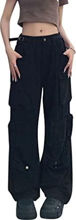 Minetom Jeans Femme Pantalon Cargo Straight Trousers Casual Multi-Poches Baggy Denim Pantalon avec Poches Streetwear B Noir S