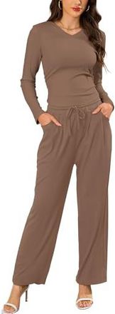 SHEKINI Ensemble Pantalon Femme Chic et Elegant 2 Pi&egrave;ces Haut Court Manche Longue Slim Fit Pantalon Fluide avec Poches Jogging Surv&ecirc;tements D&eacute;contract&eacute;e Loung