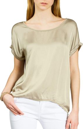 CASPAR Fashion BLU017 leichte Elegante Damen Seidenglanz Kurzarm Sommer Shirtbluse, Farbe:beige, Gr&ouml;&szlig;e:L/XL