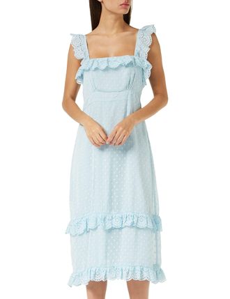 Hope & Ivy Damen The Elea - Ärmelloses Midikleid mit Spitzenbesatz und Dobby-Netzstoff Kleid für besondere Anlässe, blau, 36