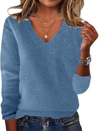 Generic Pull confortable en cachemire pour femme, col en V, automne 2025, décontracté, classique, doux, basique, pull léger et chaud, Bleu-a, S