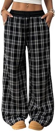Generic Pantalon &agrave; carreaux pour femme, pantalon de pyjama pour femme, pantalon de surv&ecirc;tement ample pour femme, pantalon large &agrave; cordon de serrage avec poche