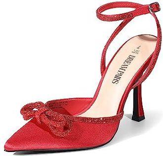 Dream Pairs Destiny Escarpins &agrave; talons hauts pour femme avec bout ferm&eacute; et sangle de cheville avec strass, Rouge, 37.5 EU