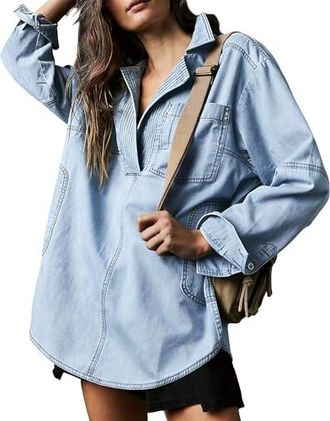 Generic Veste en jean oversize pour femme, col V, boutons, chemise en jean &agrave; manches longues, style d&eacute;contract&eacute; printanier, bleu clair, grande taille
