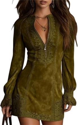 Generic Mini robe brod&eacute;e &agrave; col en V et manches longues pour femme, robe vintage en dentelle &eacute;l&eacute;gante, formelle, cowgirl, western, Vert, XXL