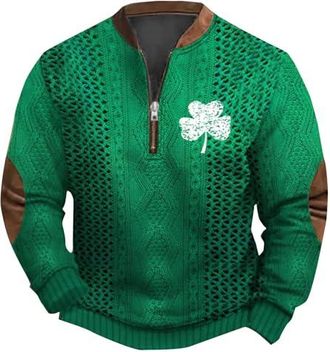 Generic Sweat-shirt de la Saint-Patrick pour homme - Style r&eacute;tro - Tr&egrave;fle vert - Imprim&eacute; tr&egrave;fle - Demi-fermeture &eacute;clair - Manches longues - Col rond - Irlande