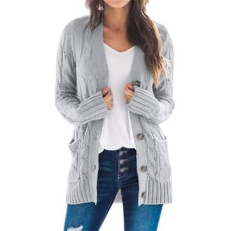 Generic Cardigan dautomne d&eacute;contract&eacute; &agrave; manches longues boutonn&eacute; sur le devant pour femme, cardigan ample &agrave; boutons avec poches, gris, 4XL