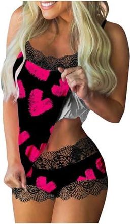 Generic Ensemble de pyjama avec short en dentelle imprim&eacute;e pour la Saint-Valentin 2026 (2), Noir, XXL