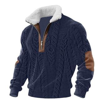 Generic Pull &agrave; col roul&eacute; pour homme - Demi-fermeture &eacute;clair - Sans capuche - Manches longues - Col montant - T-shirt dext&eacute;rieur - Coudes - Patchs en polaire -