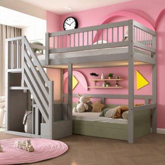 Generic Massivholzbett 90x200 cm - Hochbett mit Treppe & integriertem Stauraum - Kinderbett/Jugendbett in Grau, stabile hohe Ausführung