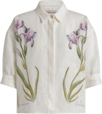 Alberta Ferretti Femme, Blouses et Chemises, Blanc, Taille: 42 FR Chemise &agrave; Manches Courtes en Lin avec Imprim&eacute;