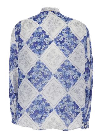 Twinset Womens High Neck Shirt Blue Floral Multicolour Ramie Blouses