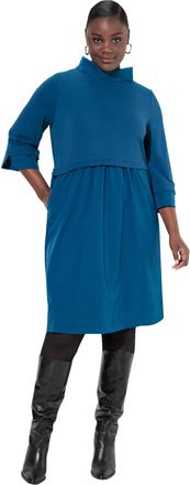Ulla Popken Damen große Größen Übergrößen Plus Size Kleid, Lagenoptik, A-Linie, weiter Kragen, 3/4-Arm Mittelblau 42+ 828876753-42+