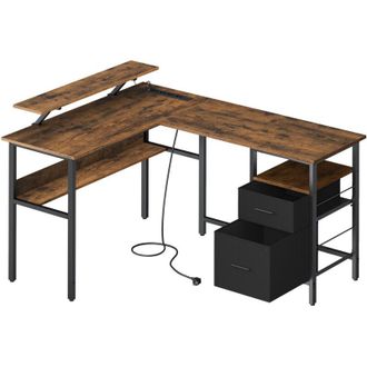 Vasagle Bureau en L avec Multiprise, Bureau dAngle, Rehausseur d&Eacute;cran, LED, 2 Tiroirs, 2 Ports USB, Marron