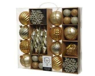 Decoris 50er Set bruchfeste Weihnachtskugeln in Gold/Champagner/Silber aus Kunststoff f&uuml;r innen und au&szlig;en