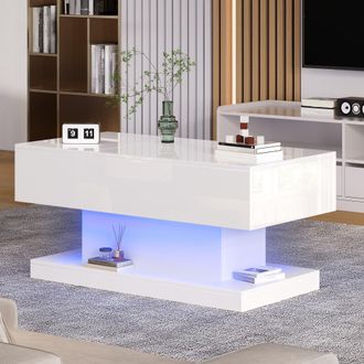 Generic Couchtisch Hochglanz mit hydraulischem Lift, halbhebbares Tischblatt und seitlich verschiebbarem Design, integrierter Stauraum, LED-Beleuchtung, moder