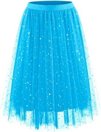 Generic Jupe en tulle pour femme - Jupe midi - Jupe trap&egrave;ze - Jupe en maille - Taille haute &eacute;lastique - Jupe dHalloween - T-shirt pour, bleu ciel, XL