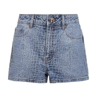 Self Portrait Femme, Shorts, Bleu, Taille: W27 Rhinestone Croc Effect Denim Shorts