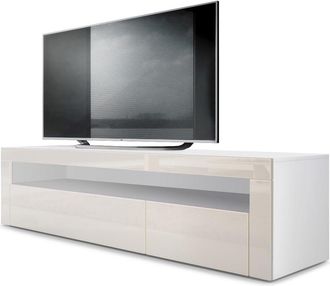 Vladon Lowboard Valencia, Made in Germany, TV-Kommode mit 1 offenem Fach und 2 Klappen, Weiß matt/Creme Hochglanz/Creme Hochglanz (155 x 46 x 40 cm)