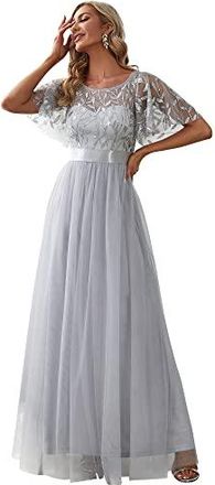 Ever-pretty Robe de Soir&eacute;e pour Mariage Demoiselle dhonneur Manches Courtes Taille Empire A-Line Tulle Longue Femme Gris 34