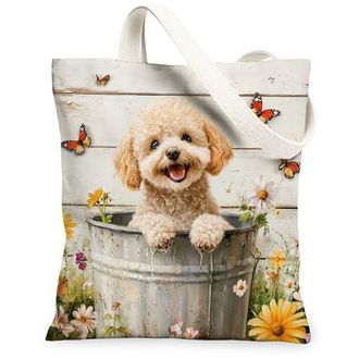 Generic Sac fourre-tout en toile motif chien cavachon printanier 33 x 38,1 cm, joli sac &agrave; bandouli&egrave;re r&eacute;utilisable en bois de fleur rustique pour femme, peint