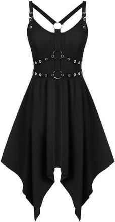 Generic Robe Gothique Femme Mini Robe Sexy Vintage Punk Robe à Bretelles Ourlet Irrégulier Soirée Party Club Robe Halloween Gothique Noir,Noir,XXL