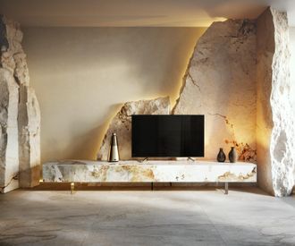 DELIFE Lowboard Cuor 250 cm Keramik Minas Melange Wei&szlig;-Beige 1 Klappe 1 Schubfach Fu&szlig; Schwebeoptik Acrylglas, Lowboards