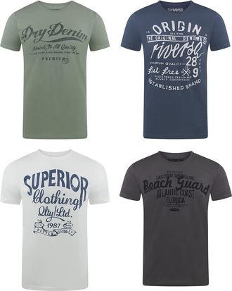 Riverso Herren T-Shirt Rundhals RIVLeon 4er Pack O-Neck Kurzarm Print Tee Shirt 100% Baumwolle Regular Fit Grün Blau Weiß Grau Rot Orange XXL, Größe:XXL, Farb